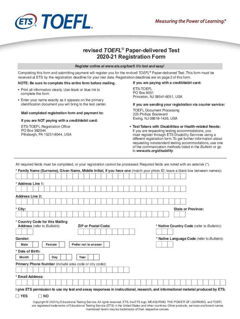 Fillable Online Revised TOEFL Paper-delivered Test 2019-20 Registration ...