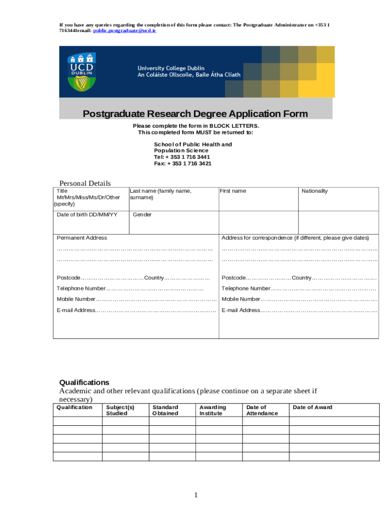 Postgraduate Research Degree Application Doc Template | pdfFiller