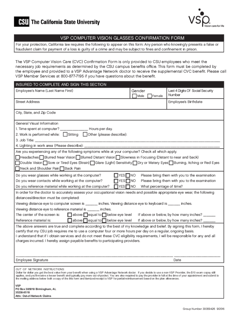Fillable Online VSP Computer Vision Glasses Confirmation Form. VSP ...