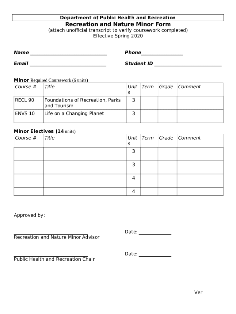 Recreation and Nature Minor Doc Template | pdfFiller