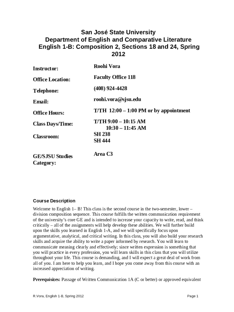 English 1a Syllabus San Jose State University Doc Template | pdfFiller