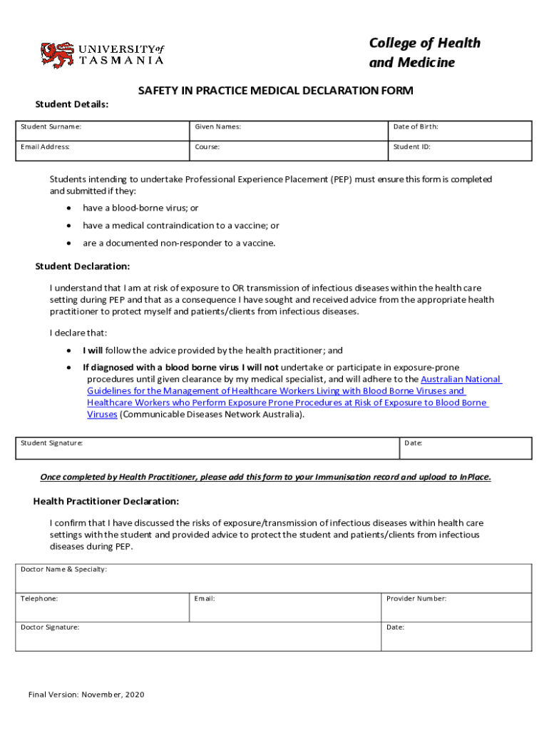 Fillable Online SAFETY IN PRACTICE MEDICAL DECLARATION FORM Fax Email ...