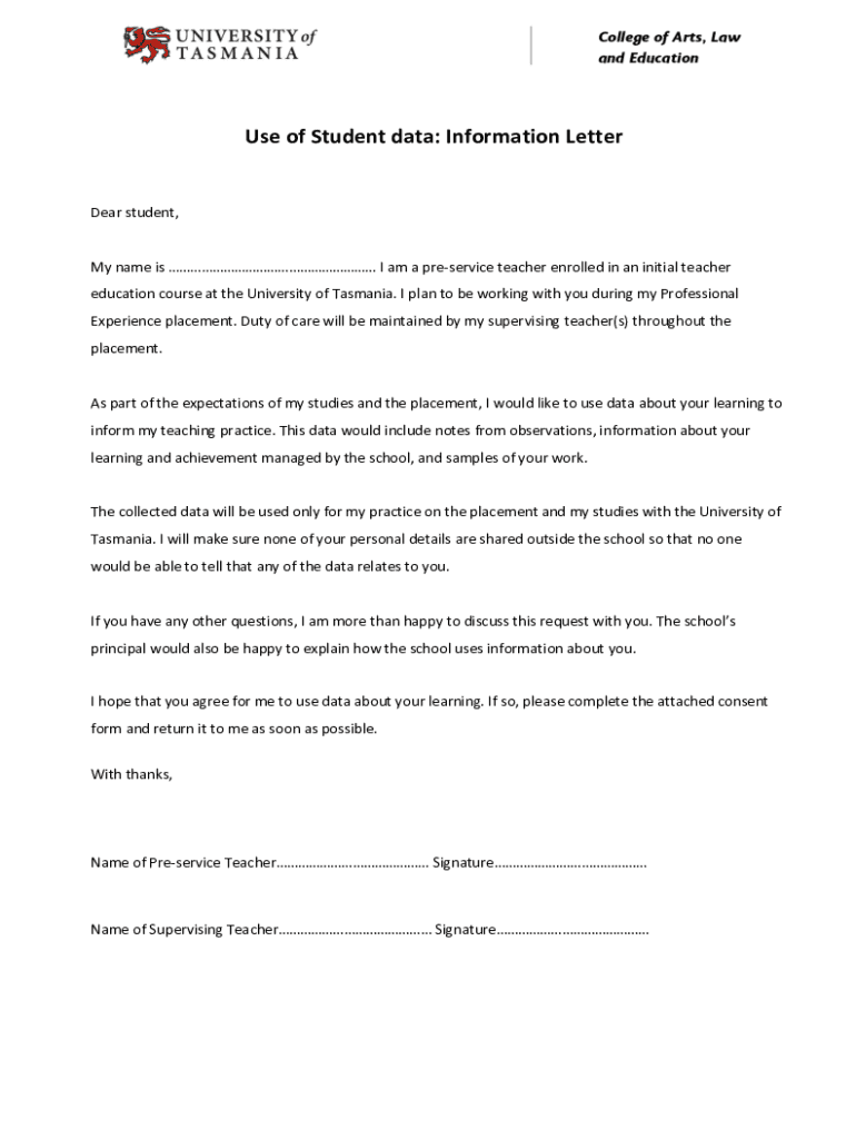 Fillable Online UTAS Education placement - Template for Use of Data ...