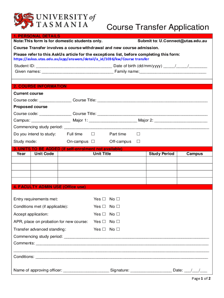 Fillable Online Course Transfer Application - University of Tasmania ...