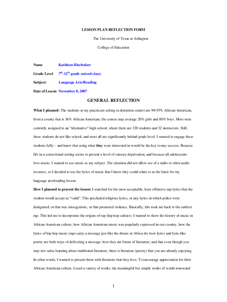 Fillable Online LESSON PLAN REFLECTION FORM Fax Email Print - pdfFiller