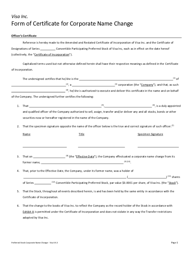 Fillable Online FORM OF CERTIFICATE FOR CORPORATE NAME CHANGE Officers ...