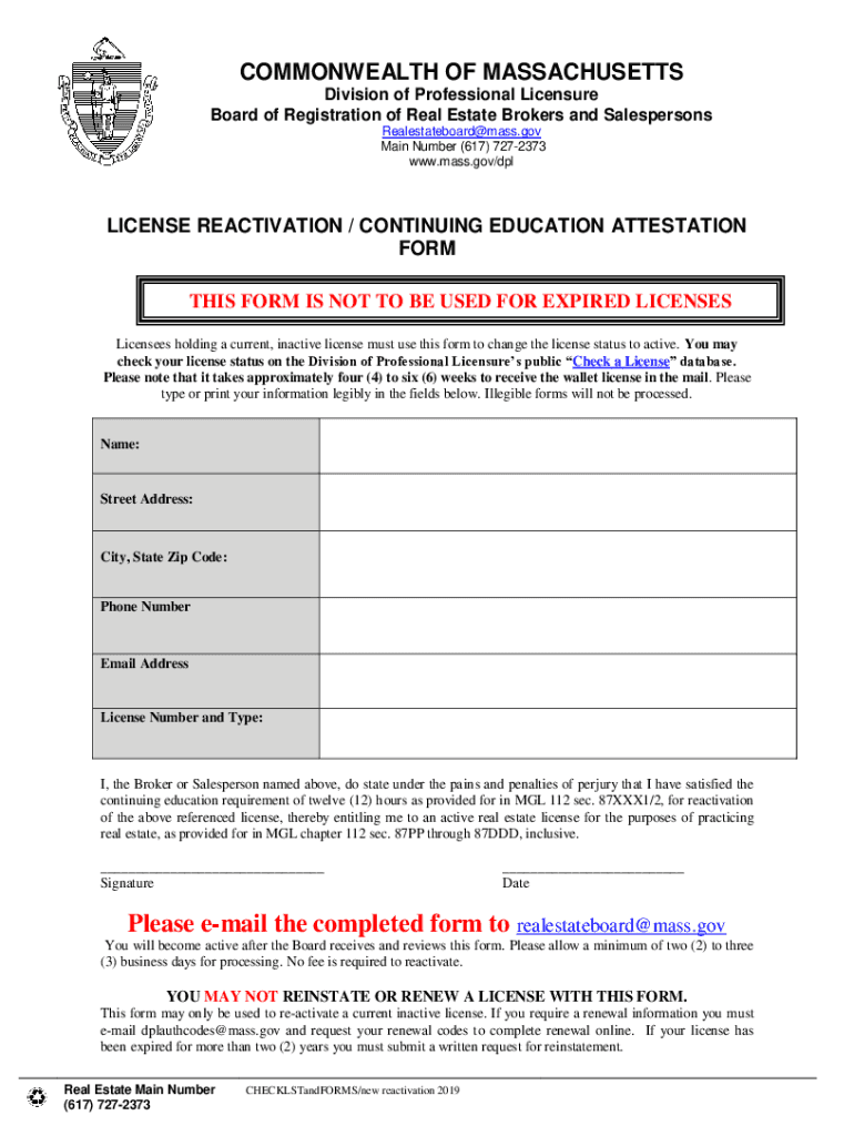 Fillable Online LICENSE REACTIVATION / CONTINUING EDUCATION ATTESTATION ...