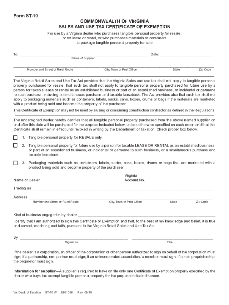Fillable Online Form ST-10 COMMONWEALTH OF VIRGINIA SALES AND USE Fax ...