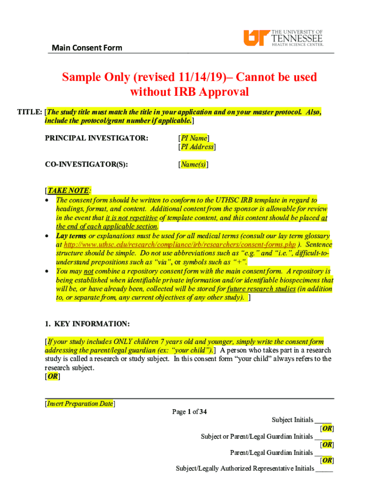 Fillable Online Sample Only (revised 11/14/19) Cannot be used without IRB ... Fax Email Print ...