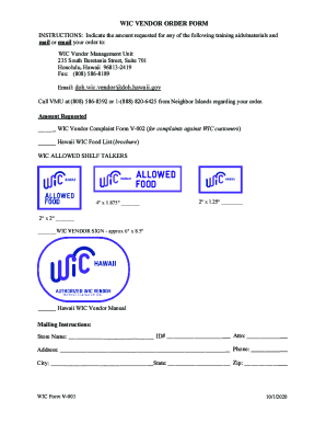 Fillable Online WIC VENDOR ORDER FORM Email: doh. wic. vendordoh.hawaii ...