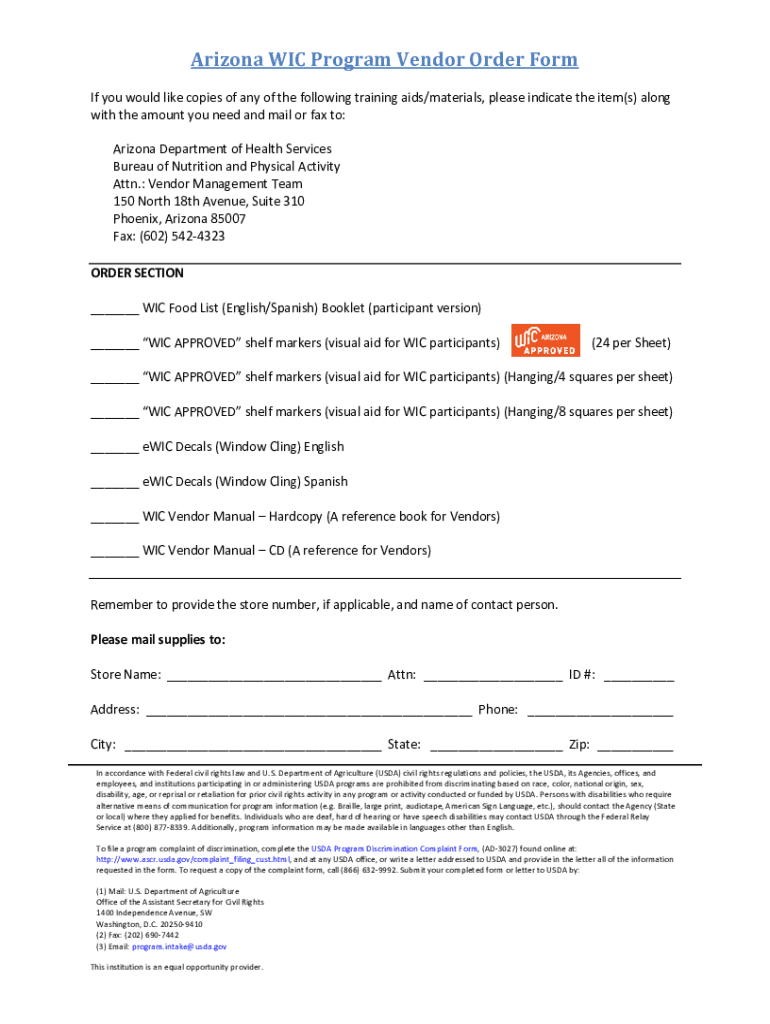 Fillable Online Arizona WIC Program Vendor Order Form Fax Email Print ...