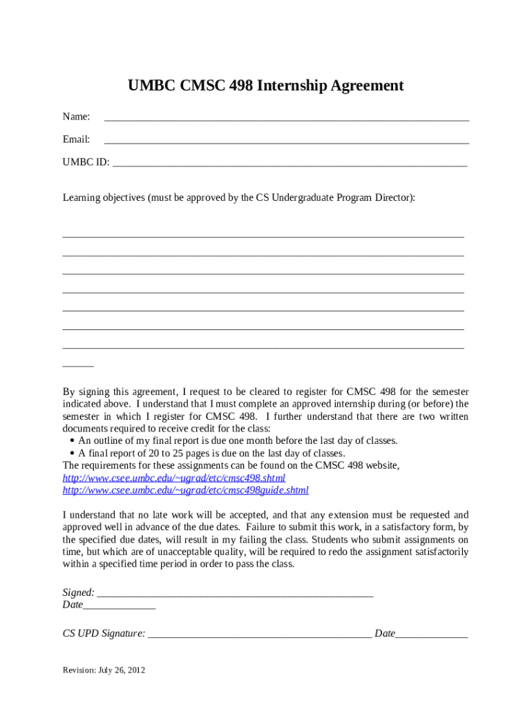CMSC 498 Internship Agreement - Department of Computer ... Doc Template | pdfFiller