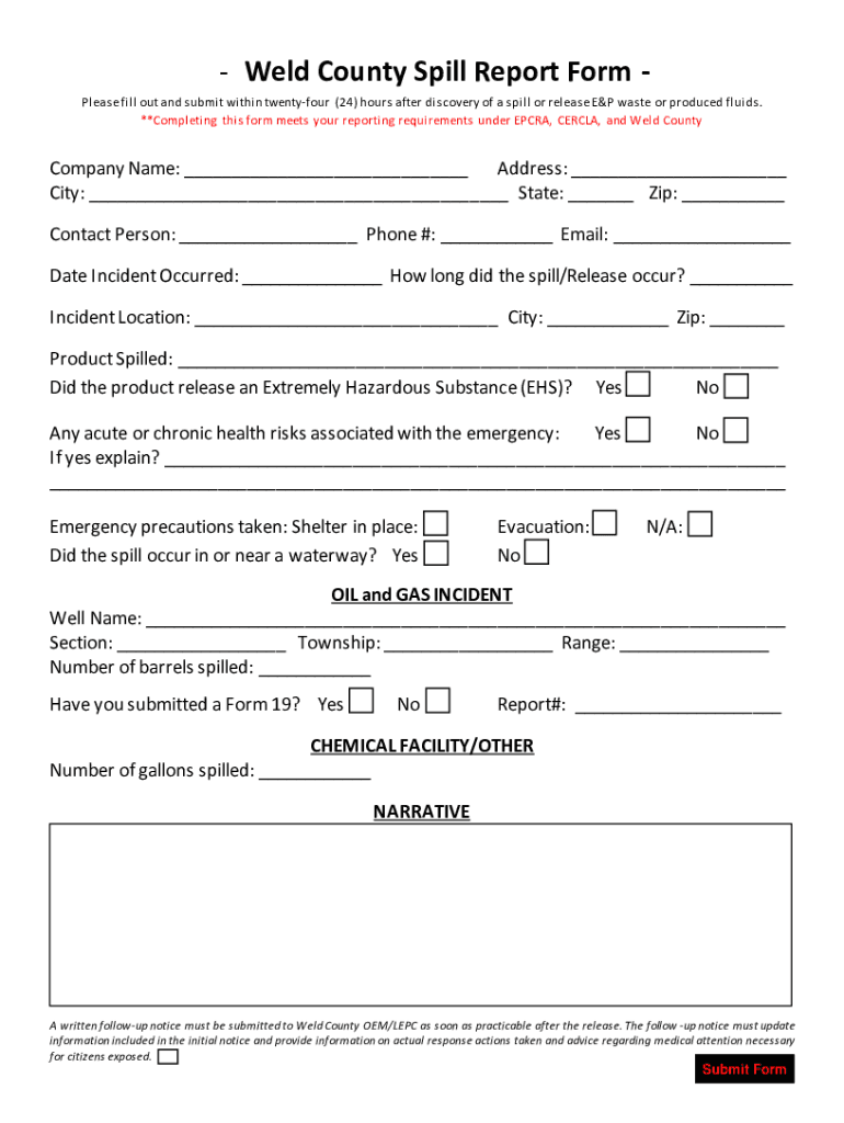 Fillable Online Weld County Spill Report Form - Weld County, Colorado ...