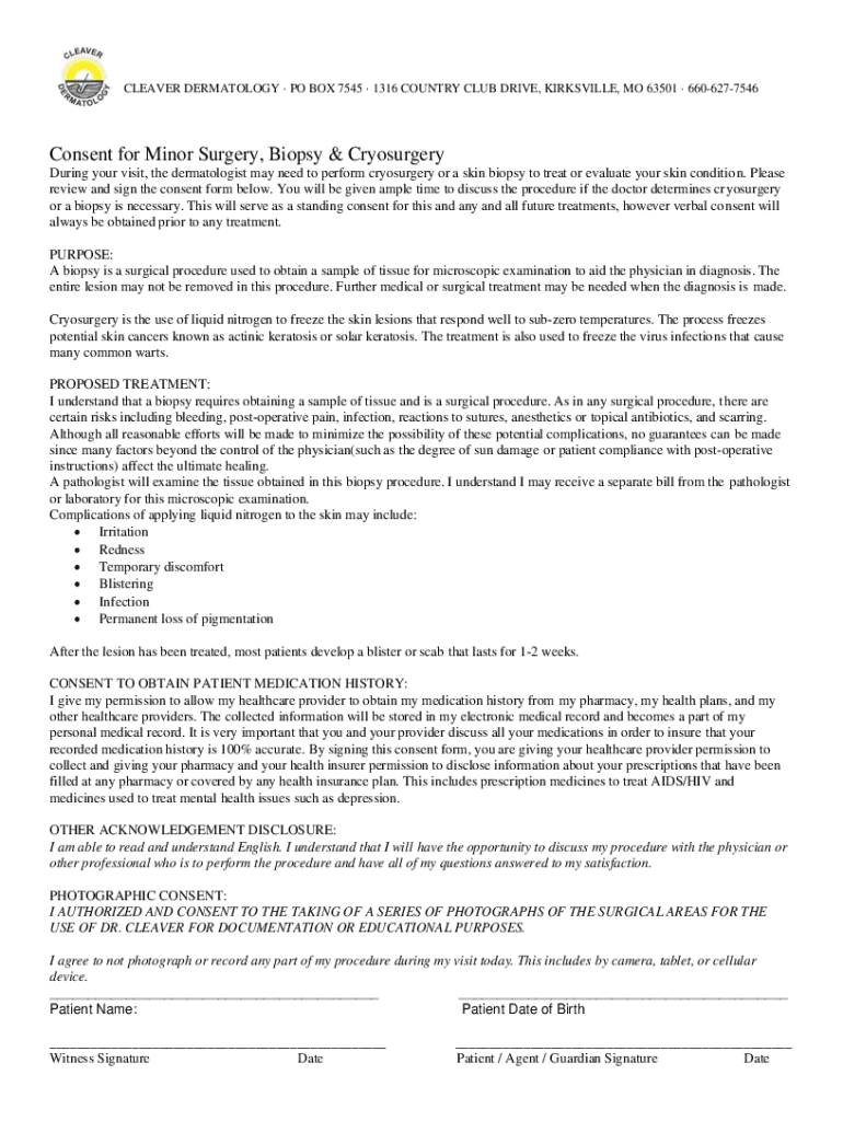 Fillable Online Consent for Minor Surgery, Biopsy & Cryosurgery Fax ...
