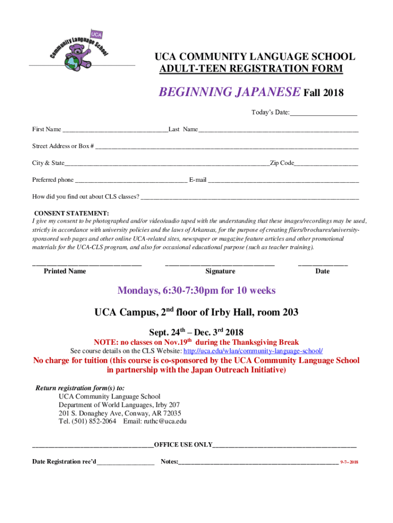 Fillable Online UCA COMMUNITY LANGUAGE SCHOOL ADULT-TEEN REGISTRATION FORM Fax Email Print ...