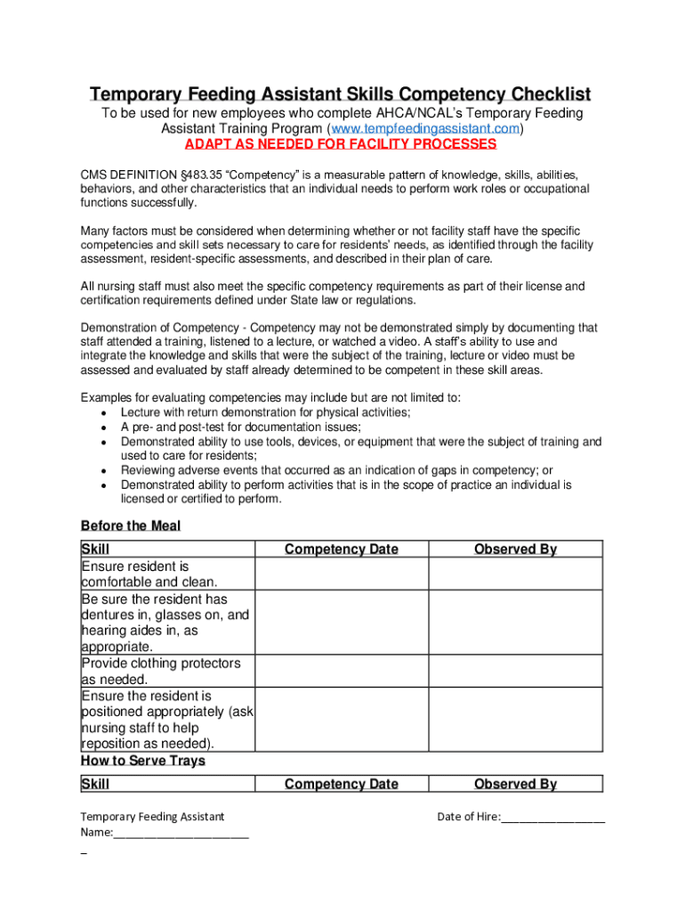 Fillable Online Temporary Feeding Assistant Skills Competency Checklist ...
