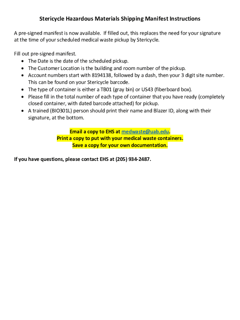 Fillable Online Stericycle Hazardous Materials Shipping Manifest ...