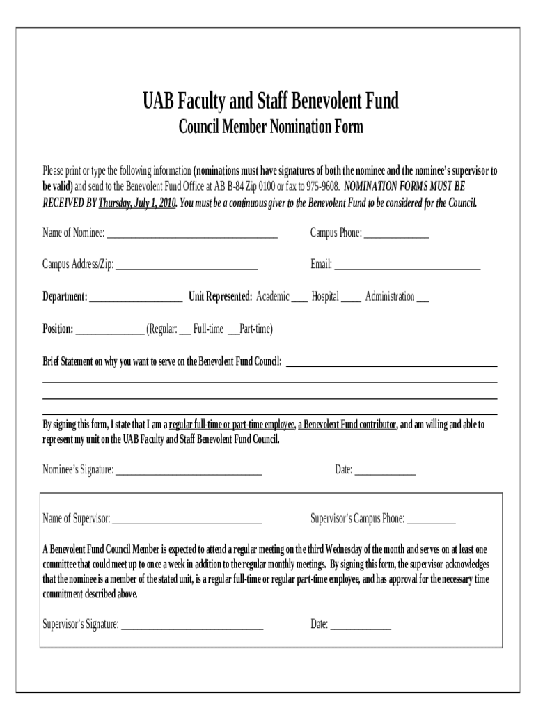 UAB Faculty and Staff Benevolent Fund Nomination Doc Template | pdfFiller