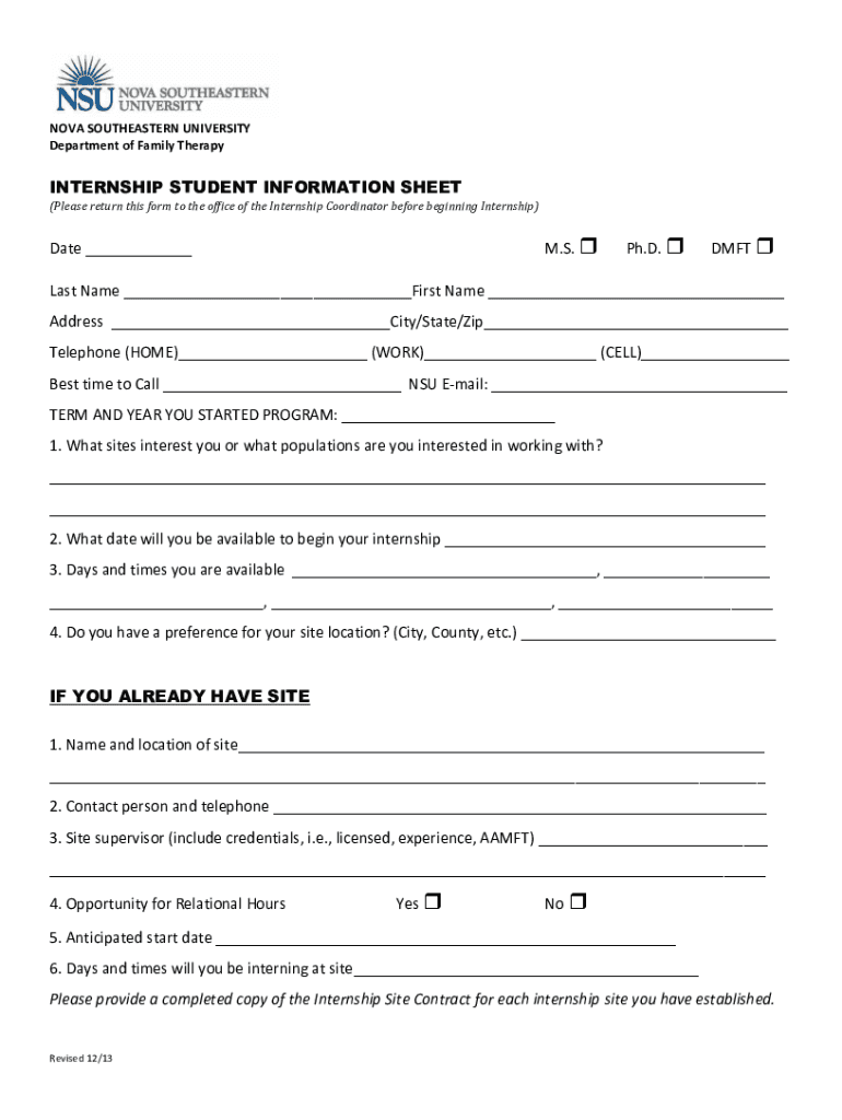 Fillable Online INTERNSHIP STUDENT INFORMATION SHEET Fax Email Print ...