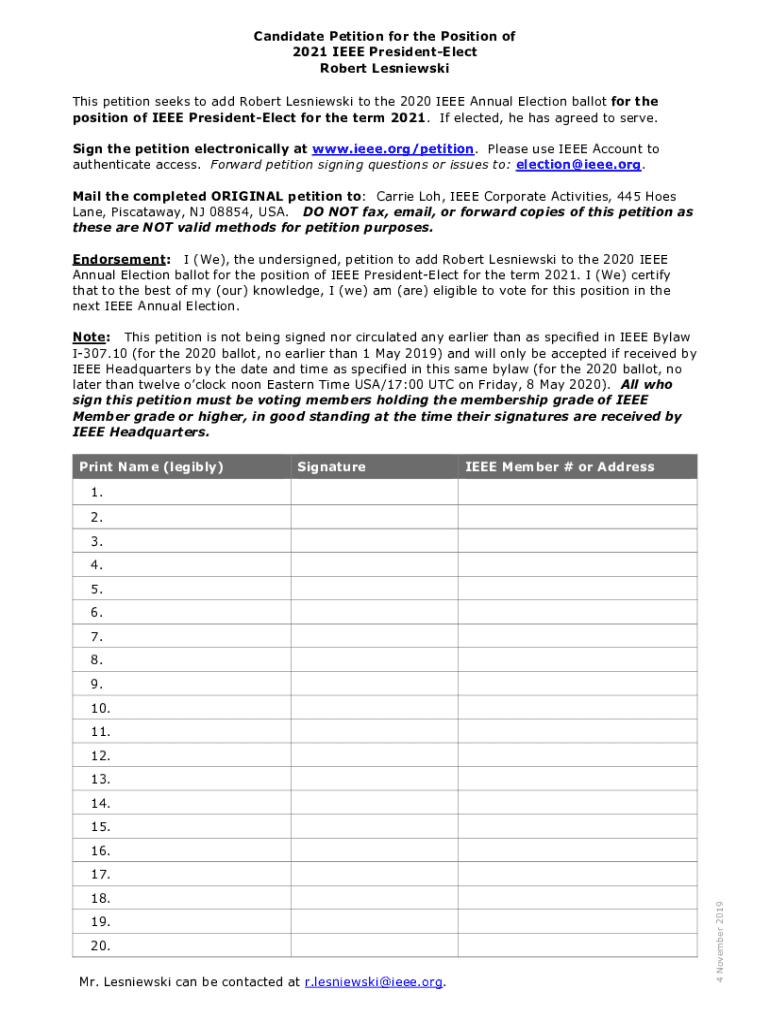 Fillable Online Petition for 2021 IEEE President-Elect. Petition Form ...
