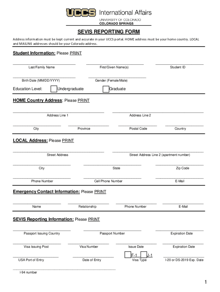 Fillable Online 1 sevis reporting form - International Affairs - UCCS ...