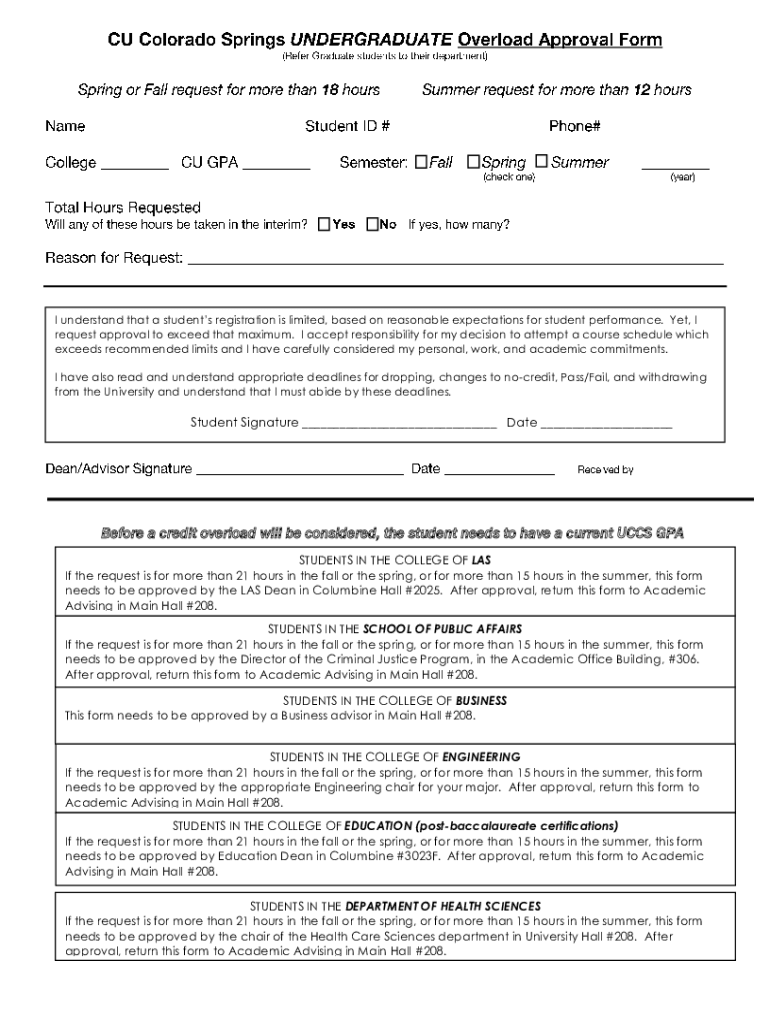 Fillable Online CU Colorado Springs UNDERGRADUATE Overload Approval Form Fax Email Print - pdfFiller