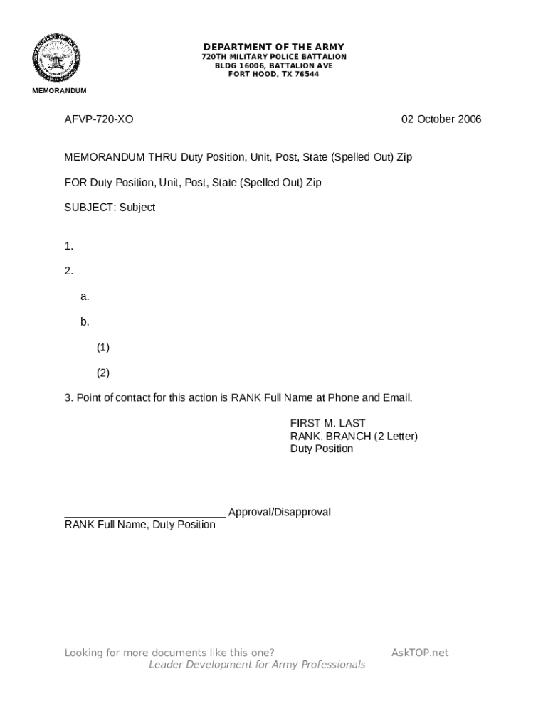 MEMORANDUM THRU Duty Position, Unit, Post, State (Spelled Out) Zip Doc ...