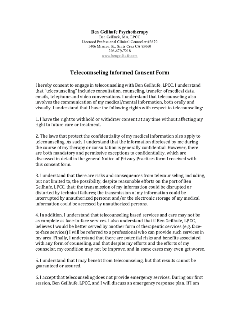 Fillable Online Telecounseling Informed Consent Form Fax Email Print ...
