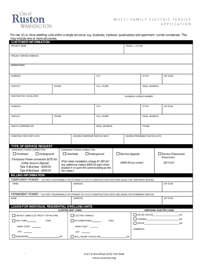 Fillable Online MULTI-FAMILY ELECTRIC SERVICE APPLICATION Fax Email ...