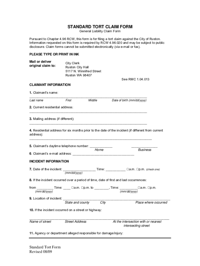 Fillable Online Standard Tort Claim Form Packet - Jefferson Healthcare ...