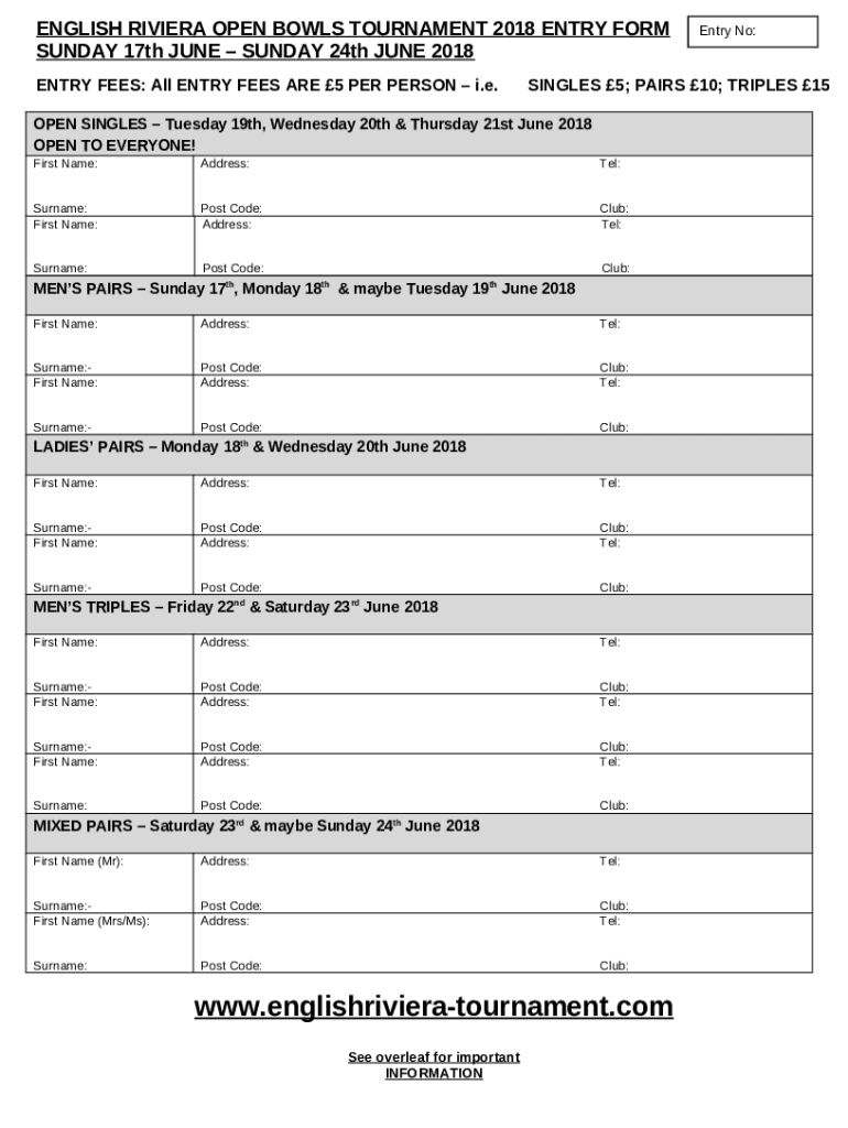ENGLISH RIVIERA OPEN BOWLS TOURNAMENT 2016 ENTRY Doc Template | pdfFiller