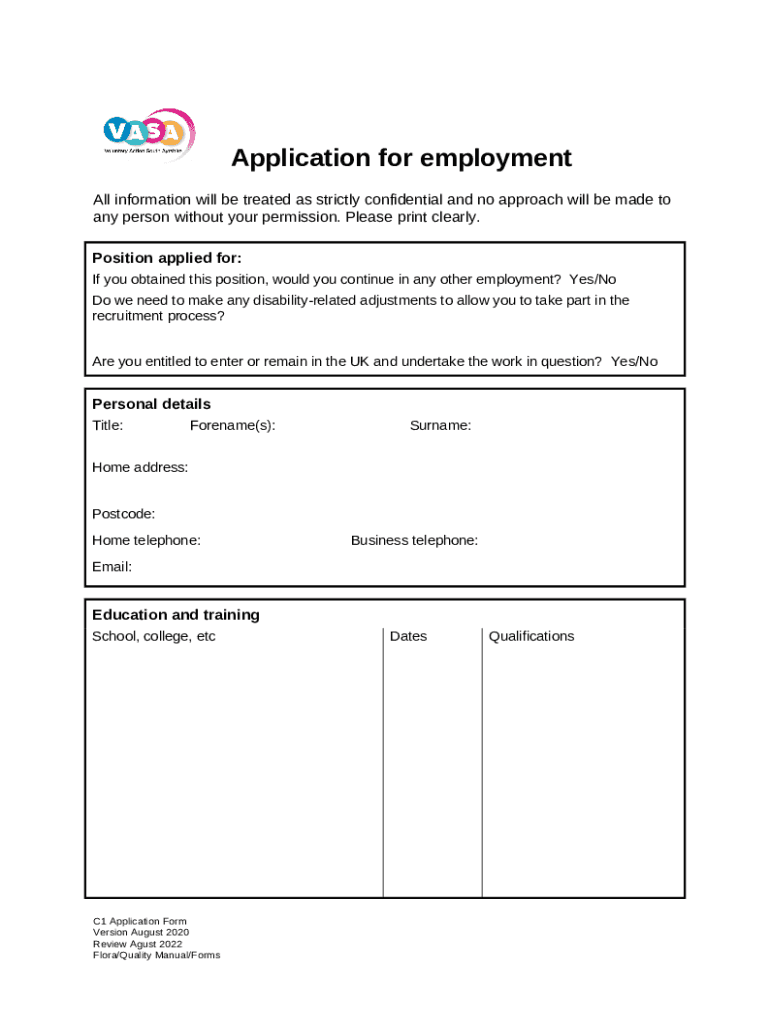 Application for Employment (Regulated Activity) Doc Template | pdfFiller