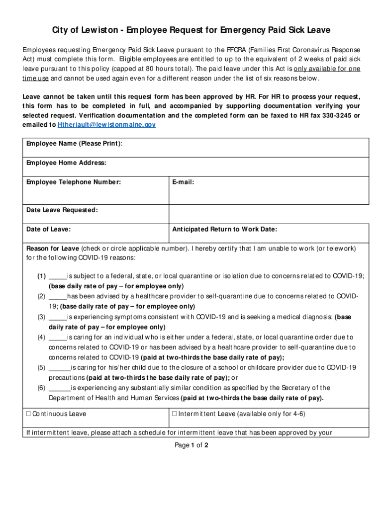 Fillable Online City of Lewiston - Employee Request for Emergency Paid Sick Leave Fax Email ...