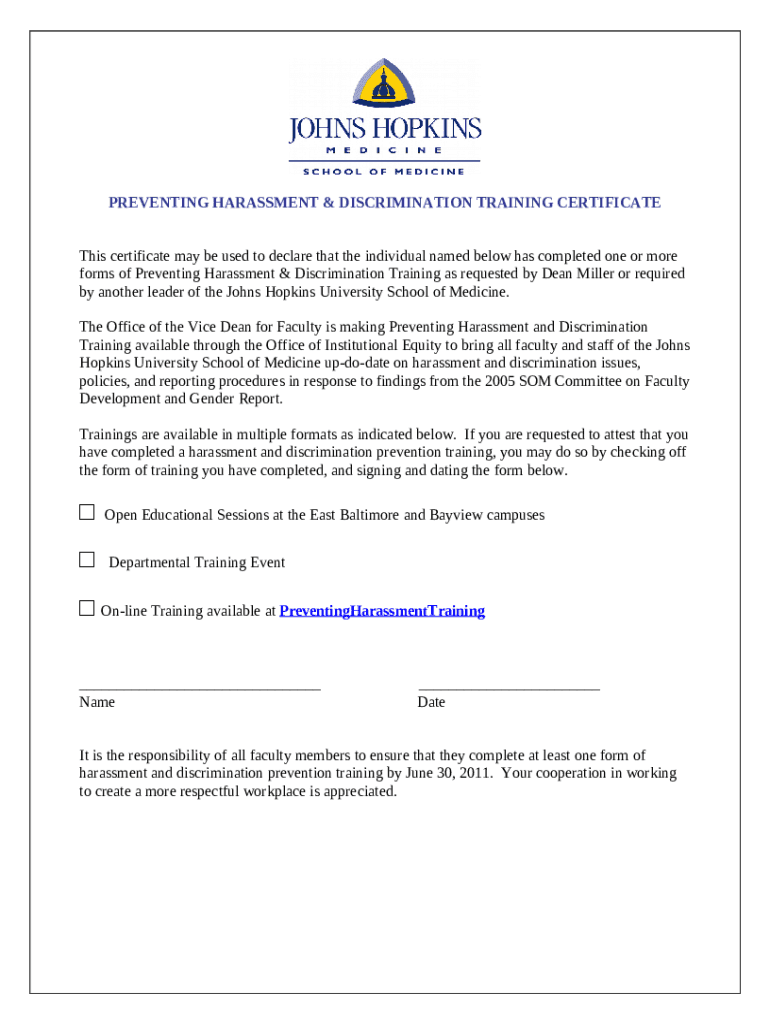 PREVENTING HARASSMENT & DISCRIMINATION TRAINING CERTIFICATE Doc ...