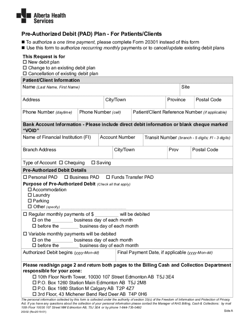 Fillable Online Pre-Authorized Debit (PAD) Plan - For Patients/Clients Fax Email Print - pdfFiller