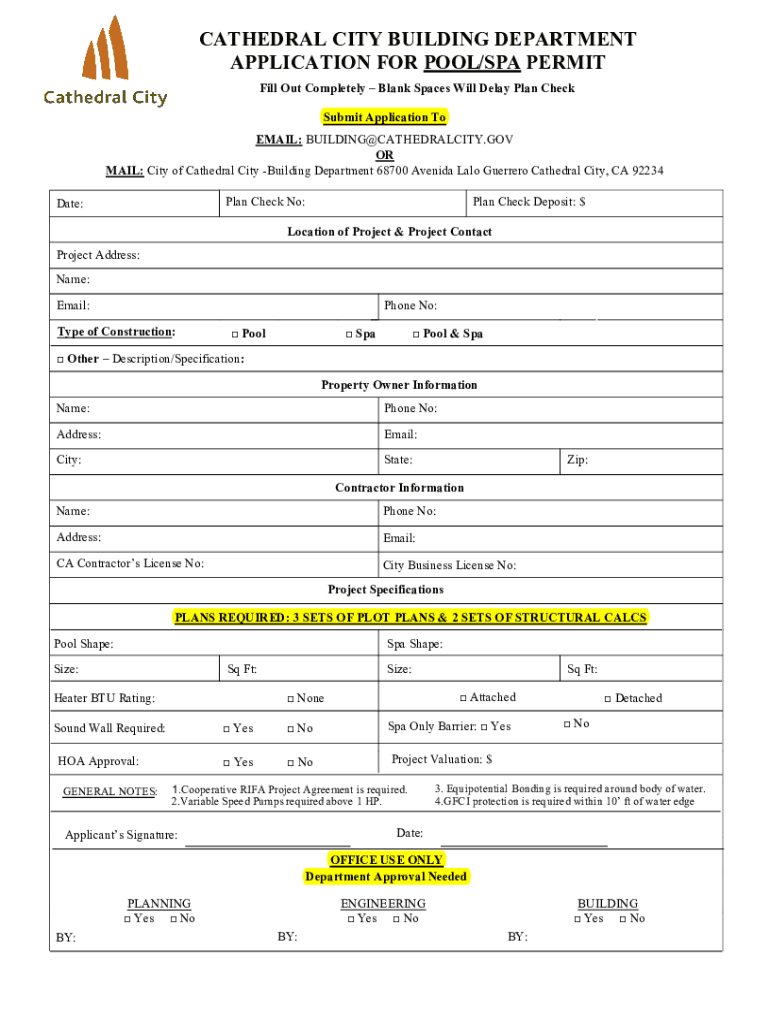 Fillable Online cathedral city building department application for pool ...