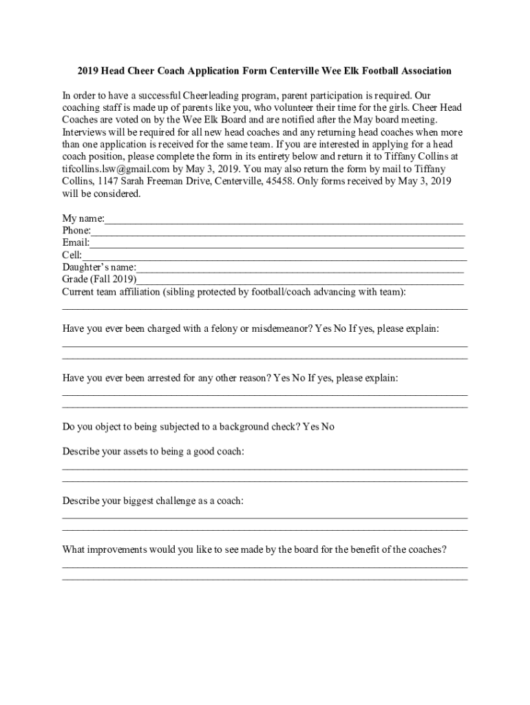 Fillable Online 2019 Head Cheer Coach Application Form Centerville Wee ...