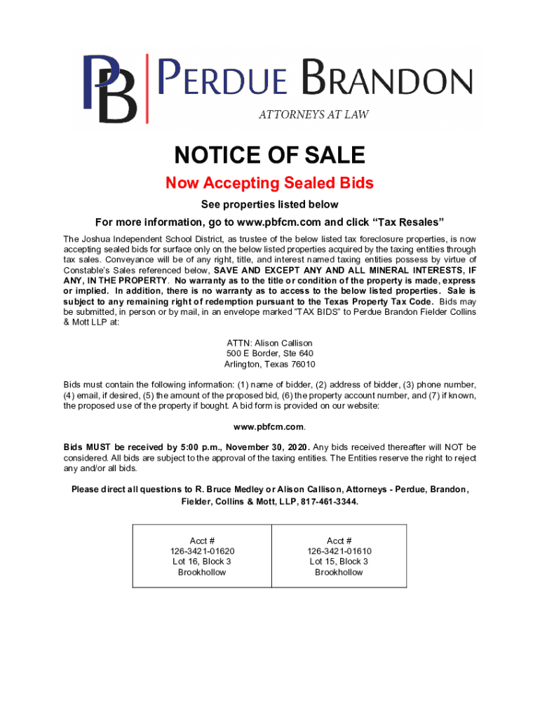 Fillable Online Joshua ISD Resale Ad (November 2020) NoticeBid Sheet ...