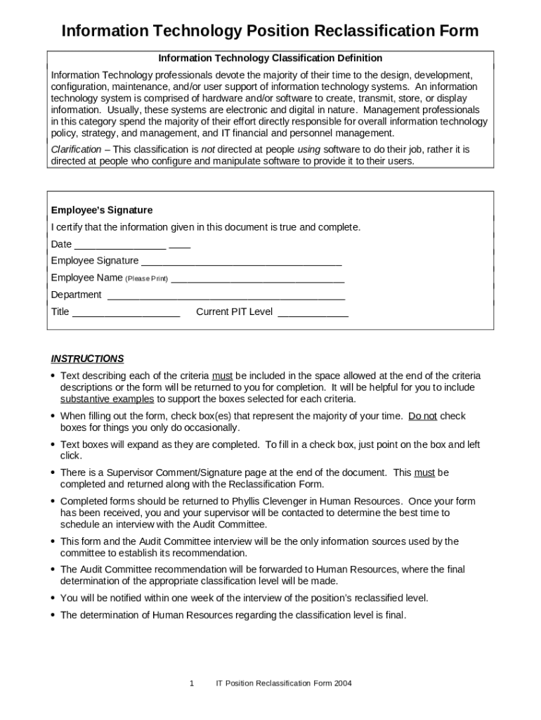 Ination Technology Position Reclassification Doc Template | pdfFiller