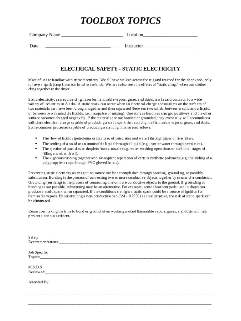 Static Electricity safety Toolbox Talk - hazards & precautions Doc ...