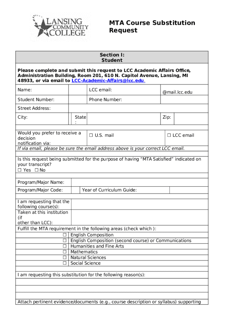MTA Course Substitution Request Doc Template | pdfFiller
