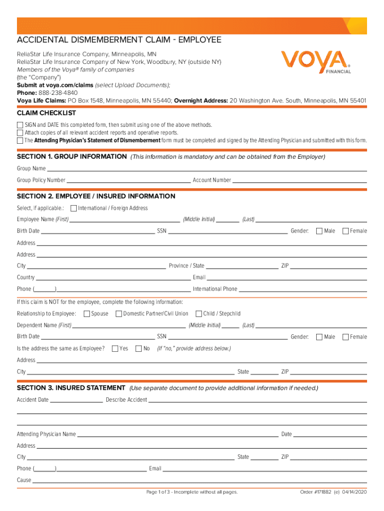 Fillable Online das nh Accidental Dismemberment Claim - Employee Fax Email Print - pdfFiller