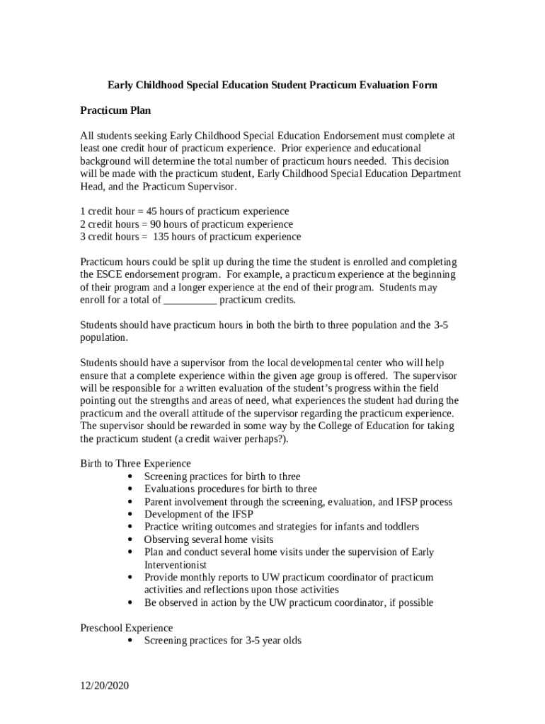 Early Childhood Special Education Student Practicum Evaluation Doc Template | pdfFiller