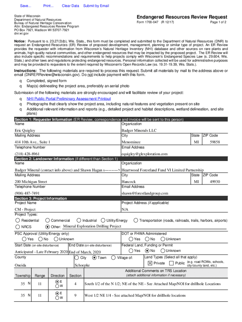 Fillable Online dnr wi Bureau of Natural Heritage Conservation Fax Email Print - pdfFiller