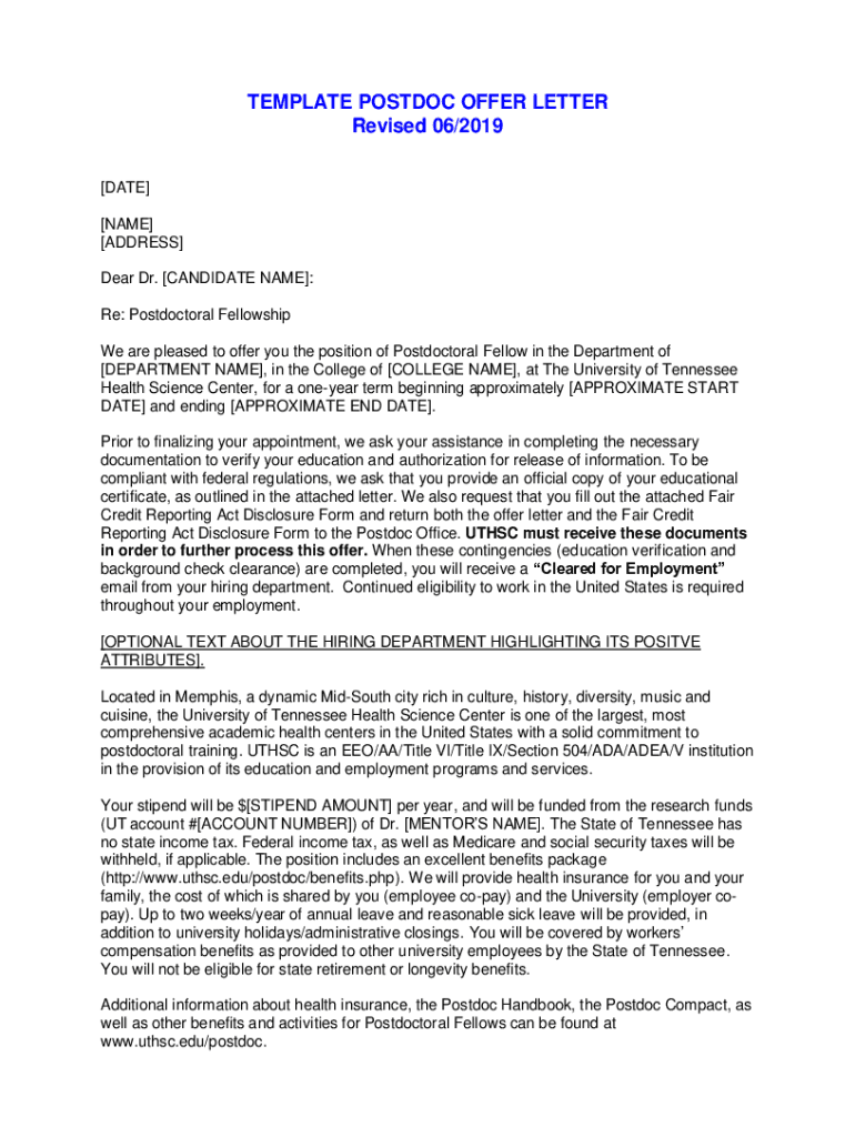 Fillable Online TEMPLATE POSTDOC OFFER LETTER Fax Email Print - pdfFiller