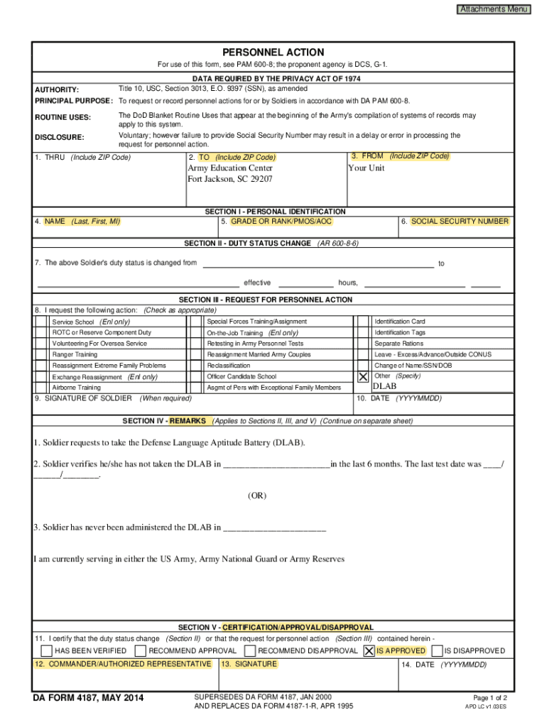 Fillable Online DLAB sample DA 4187 - GoArmyEd Fax Email Print - pdfFiller