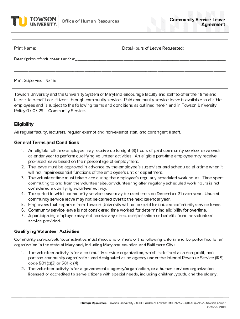 Fillable Online Community Service Agreement (PDF) - Towson University ...