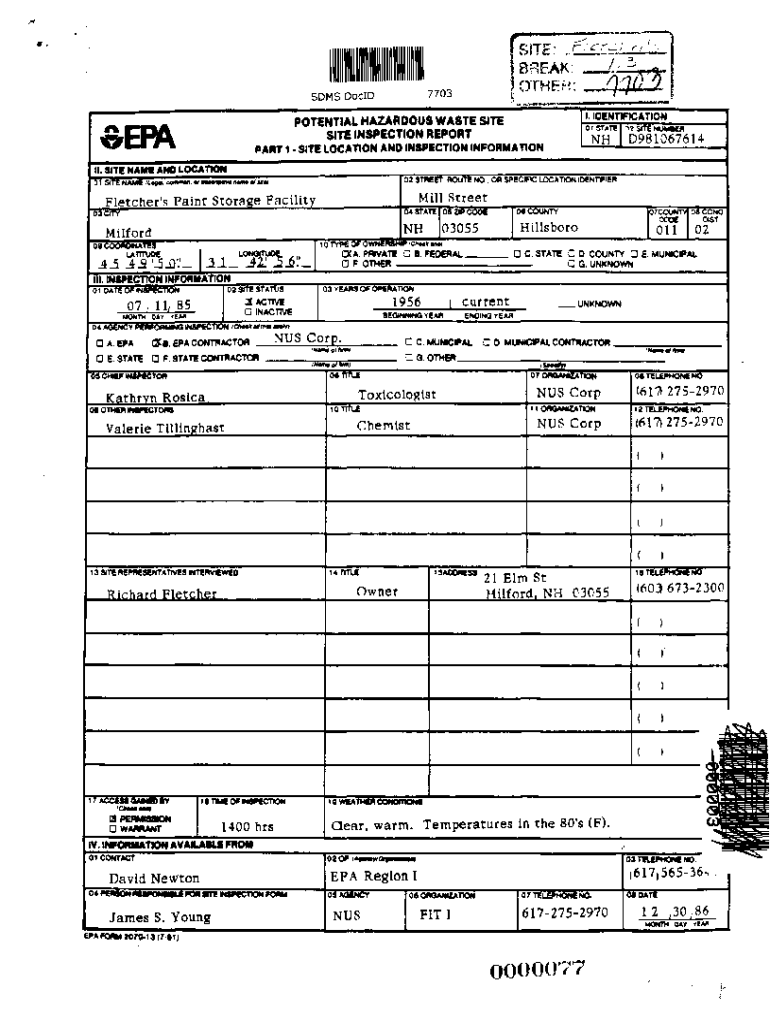Fillable Online potential hazardous waste site, site inspection report, fletcher's paint ... Fax ...