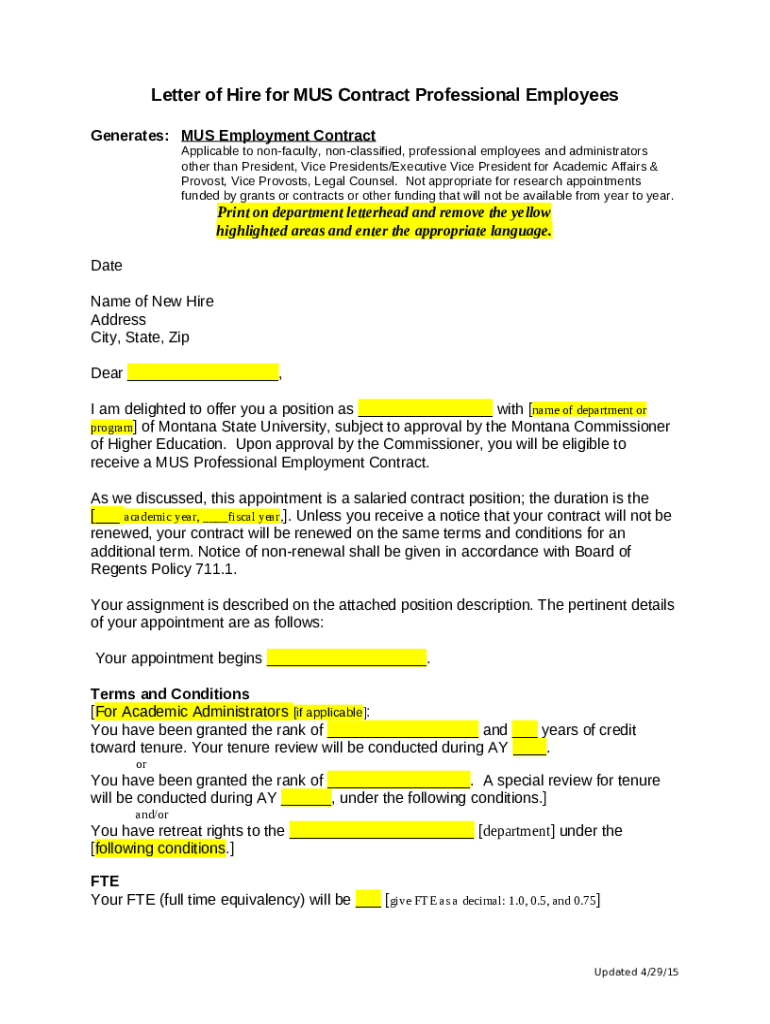 Letter of Hire for MUS Contract Professional Employees Doc Template ...