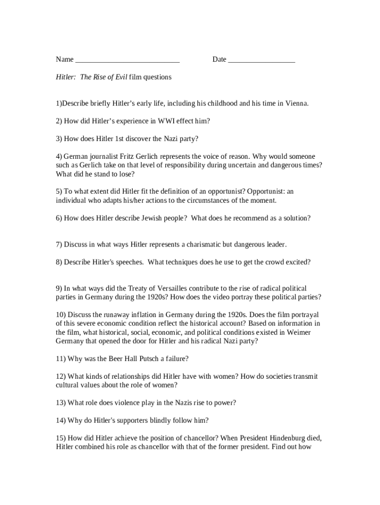 Hitler: The Rise of Evil - Questions Doc Template | pdfFiller
